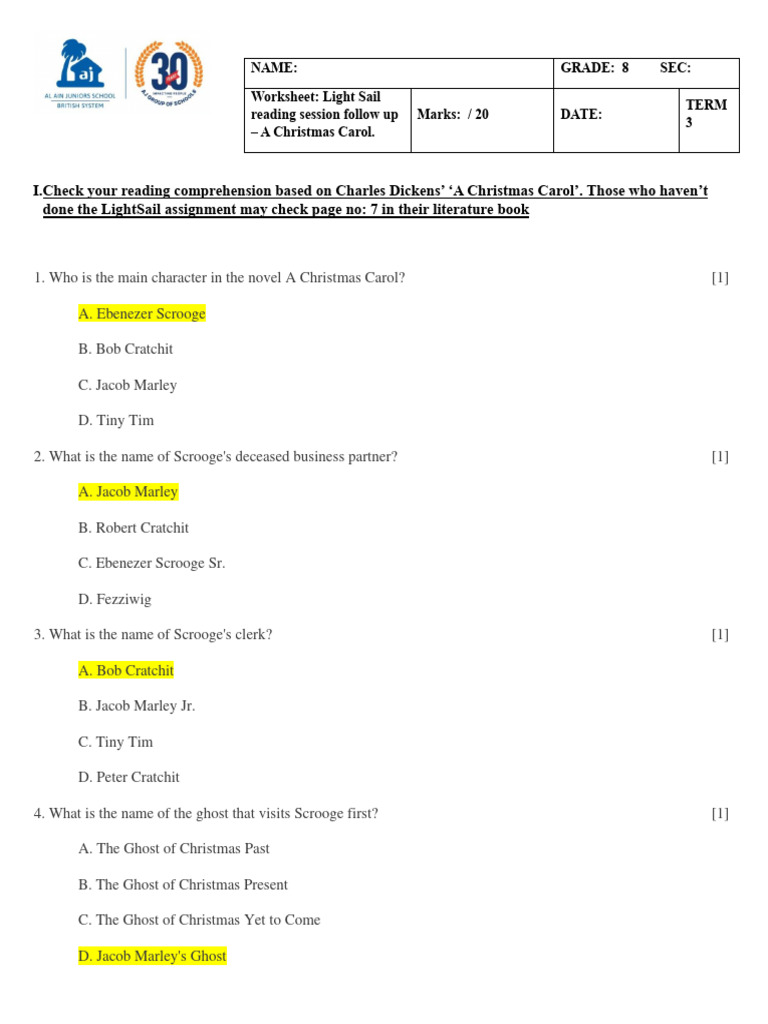 A Christmas Carol - RC - Answer Key | PDF | Ebenezer Scrooge | A ...