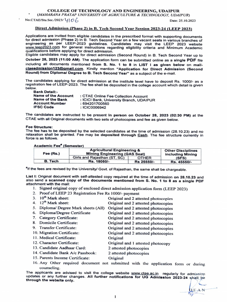 Notice and Application Form For Direct Admission Phase 2 in Second Year B. Tech 2023-24 LEEP ...