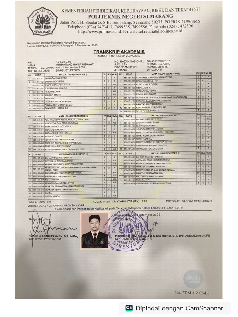 Transkrip Nilai_M Hanif Hidayat_Polines_compressed | PDF