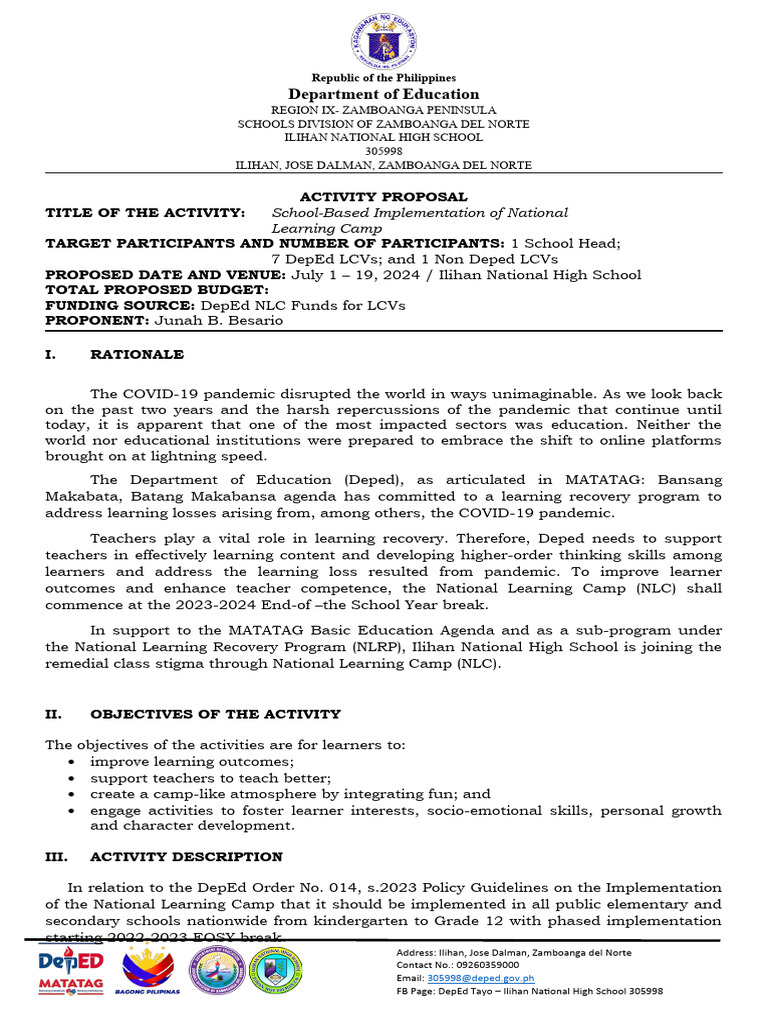 School Based NLC Proposal Final | PDF | Teachers | Behavior Modification