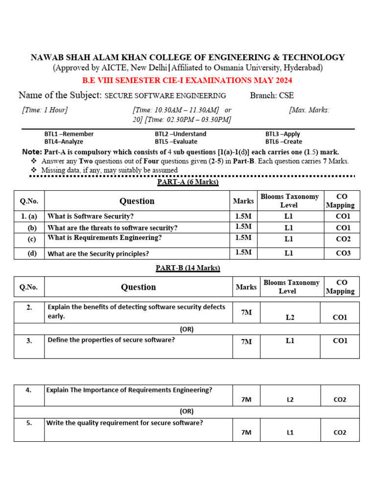 Secure Soft Eng Question Paper | PDF | Computing | Information Technology