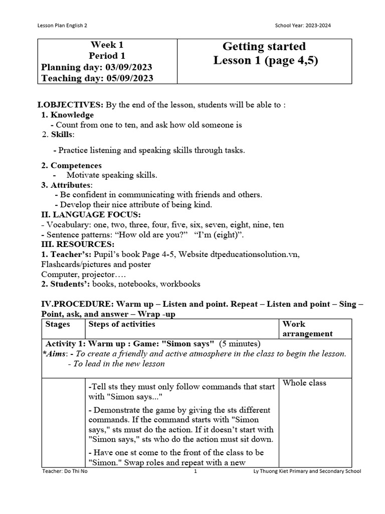 Tuần 1 ENGLISH 2 - Getting started-L1,2 | PDF | Lesson Plan | Teachers