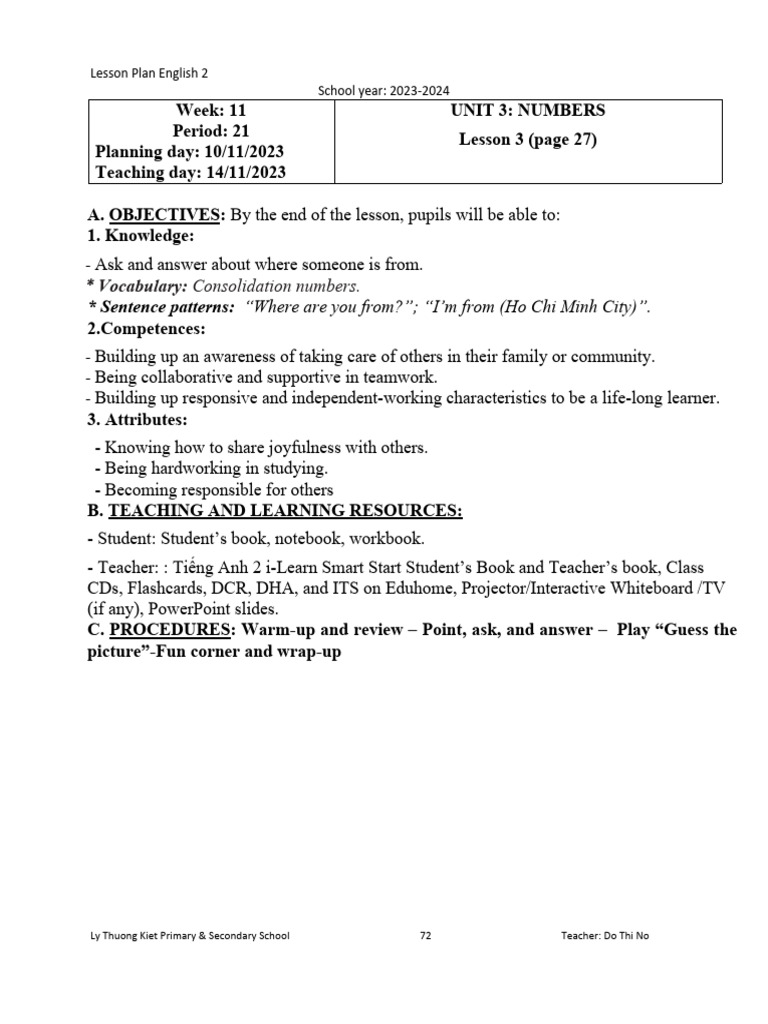 Tuần 11 ENGLISH 2 - U3 L3 (D-E) U4 L1 (A-C) | PDF | Teachers ...