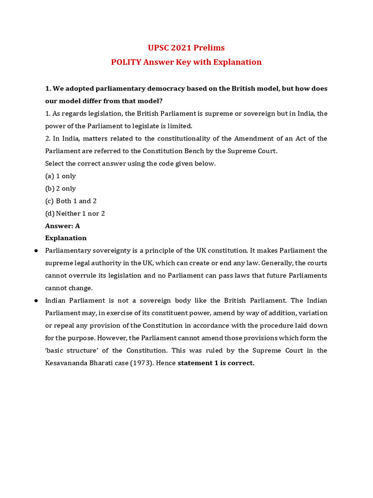 UPSC 2021 Polity Prelims Answer Key | PDF | Citizenship | Government Of ...