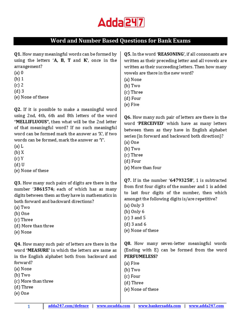 Word and Number Based Questions For Bank Exams - 3334 | PDF | Vowel ...