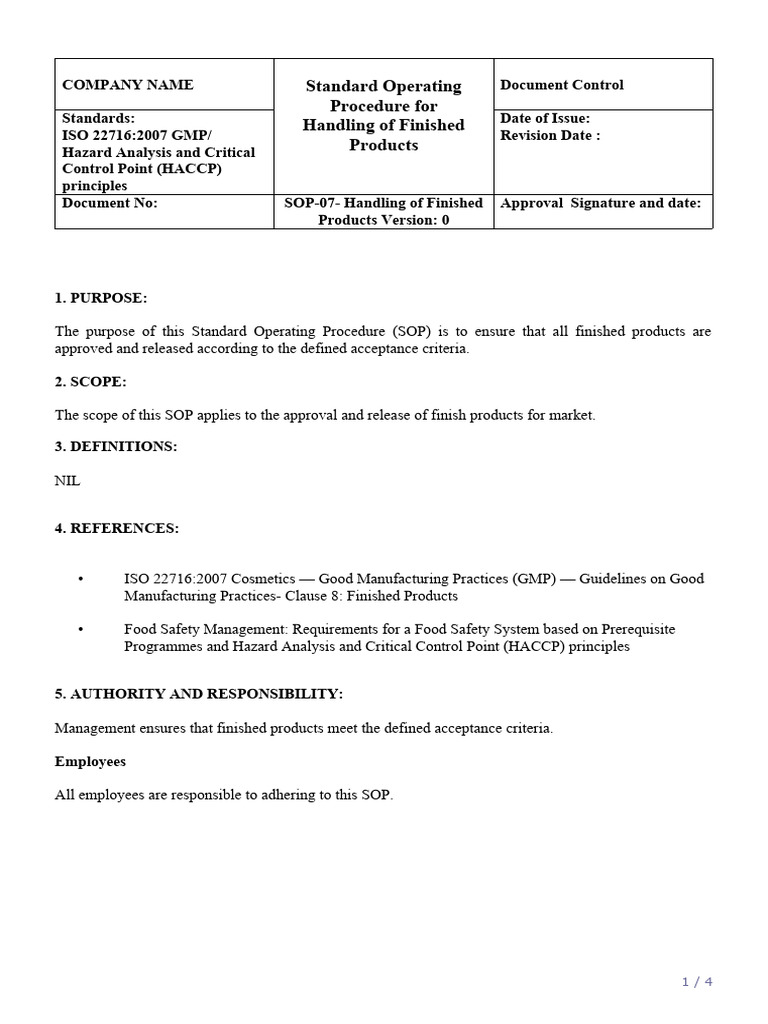 03 GMP SOP 07 Handling of Finished Products | PDF | Hazard Analysis And ...