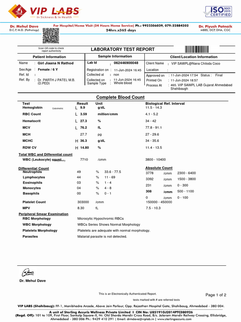 Laboratory Test Report | PDF | White Blood Cell | Clinical Pathology