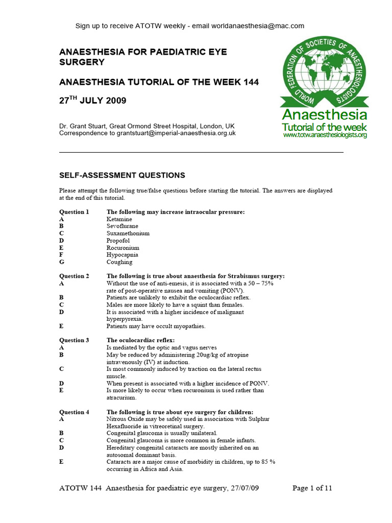 144 Anaesthesia For Paediatric Eye Surgery | PDF | Anesthesia | Analgesic