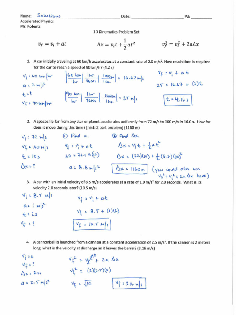 1D Kinematics Problem Set Solutions | PDF