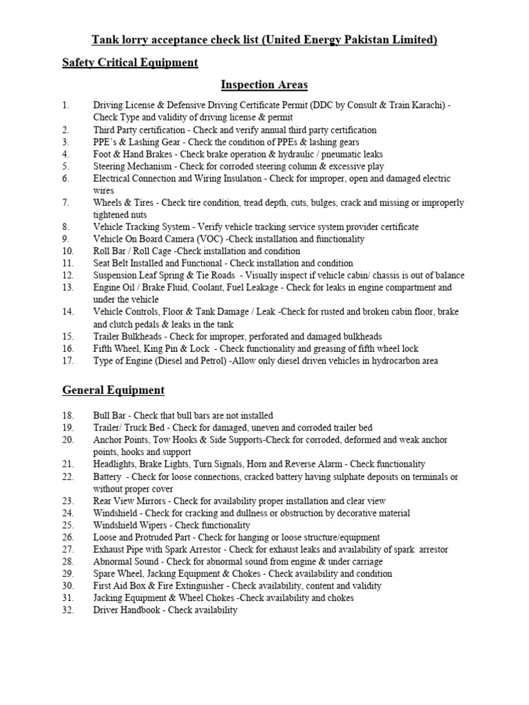 Tank Lorry Inspection Checklist | PDF | Truck | Vehicles