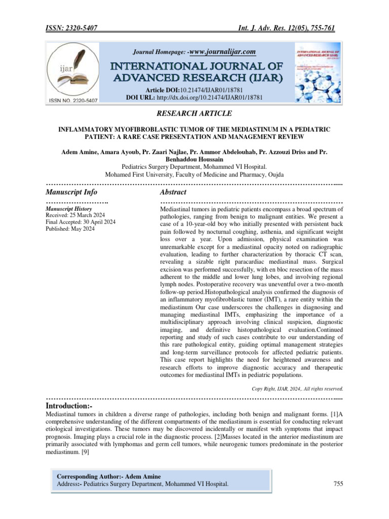 Inflammatory Myofibroblastic Tumor of The Mediastinum in A Pediatric ...