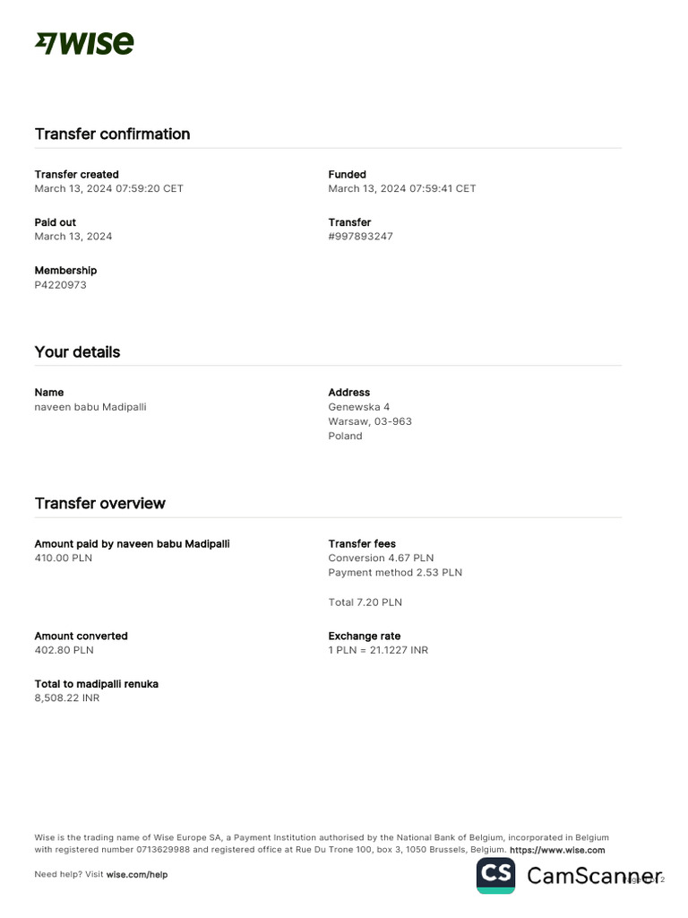 Wise Transaction Invoice Transfer 997893247 2655633168 en | PDF ...