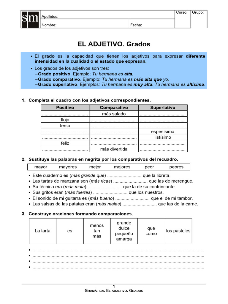 Grados del Adjetivo: Ejercicios y Ejemplos | PDF | Adjetivo