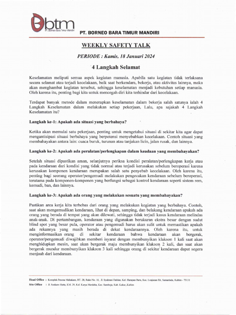 Materi Safety Talk 25jan24 | PDF
