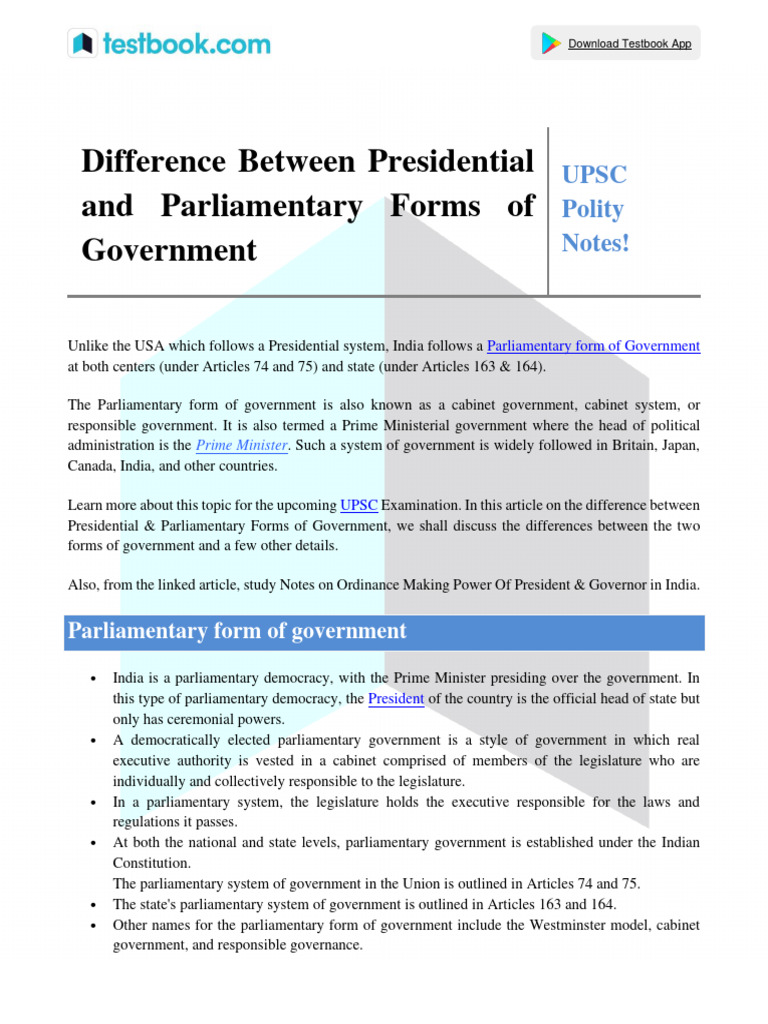 Difference Between Presidential and Parliamentary Form of Government ...