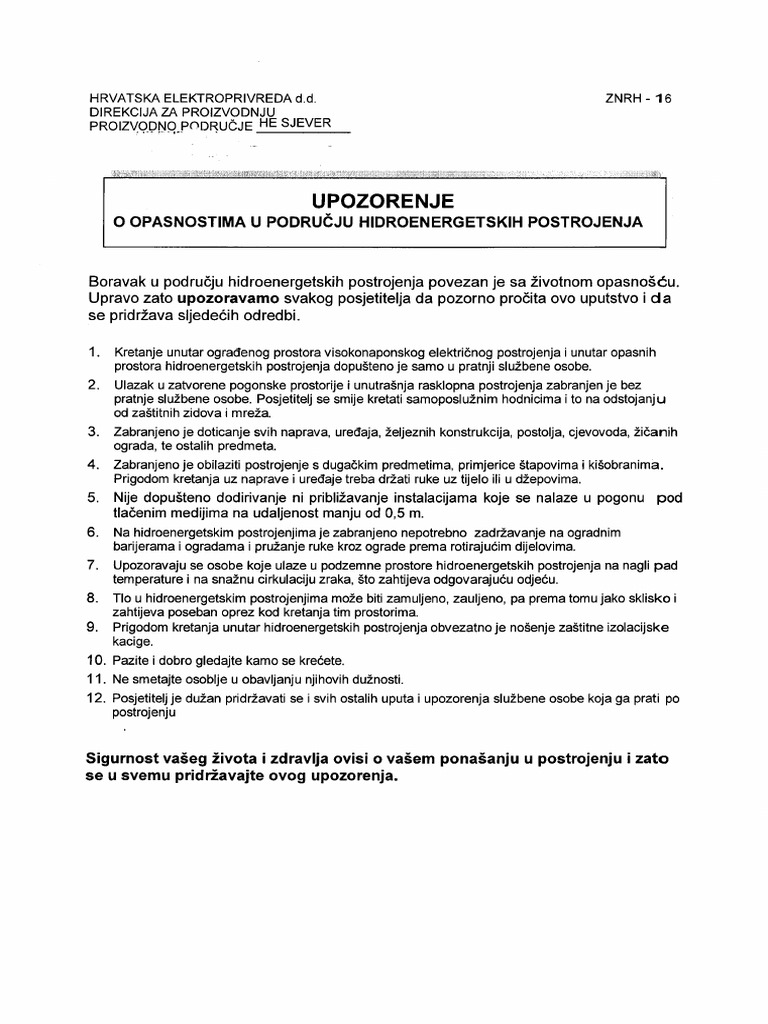Upozorenja o opasnostima u području hidroenergetskih postrojenja-obrazac ZNRH 16 | PDF
