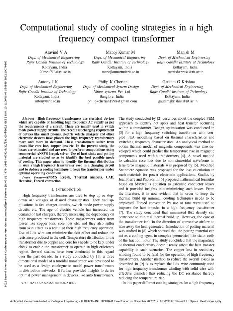 Computational Study of Cooling Strategies in A High Frequency Compact Transformer | PDF ...