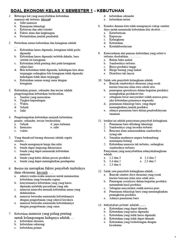 Soal Ekonomi Kelas X Kebutuhan A Dan B Compress | PDF