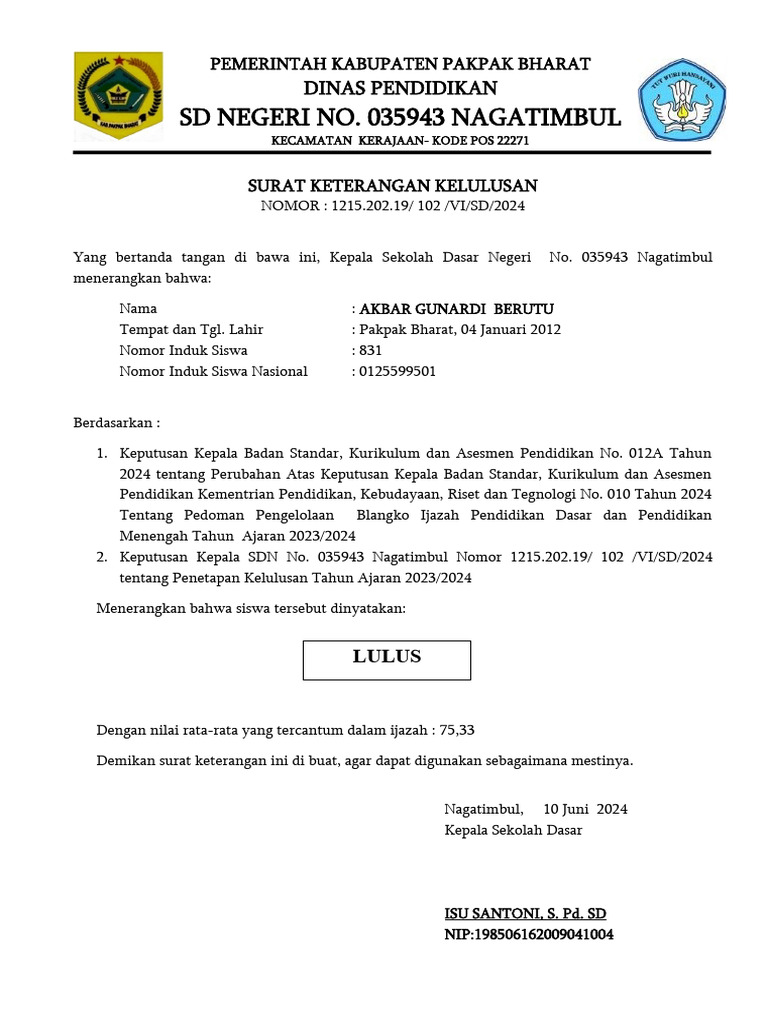 Surat Keterangan Lulus SD 2024 | PDF