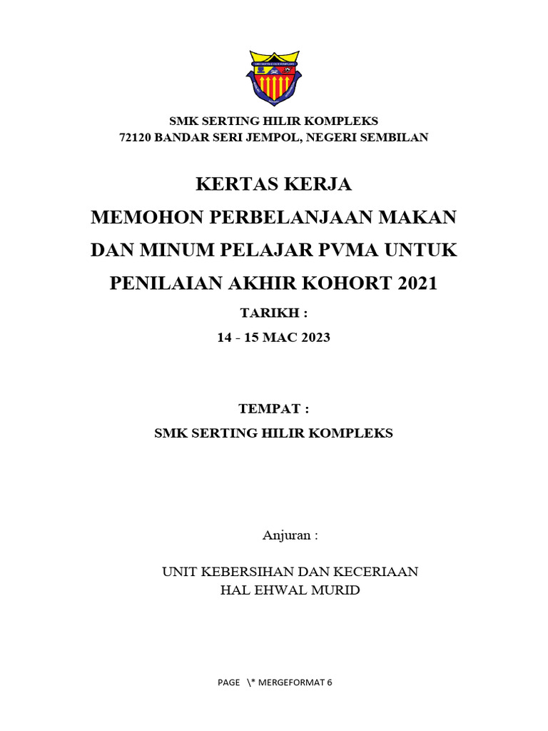 KERTAS KERJA MEMOHON PERBELANJAAN MAKAN MINUM PELAJAR | PDF