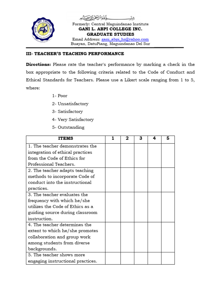 Teacher Performance Rating Form | PDF | Teachers | Education Theory
