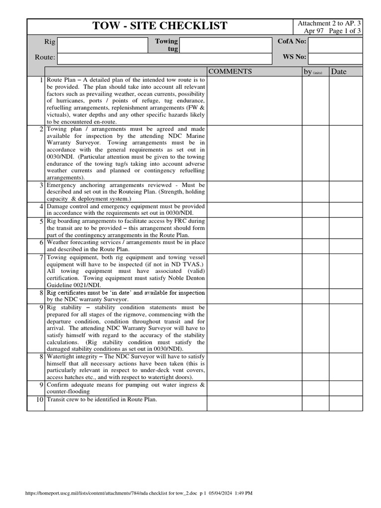 NDA Checklist For Tow - 2 | PDF | Anchor | Ships
