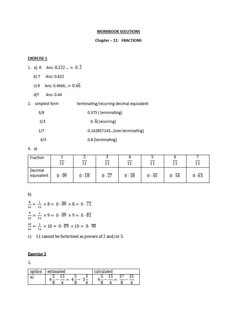 Workbook Solutions Chapter - 11: FRACTIONS | PDF | Arithmetic | Mathematics