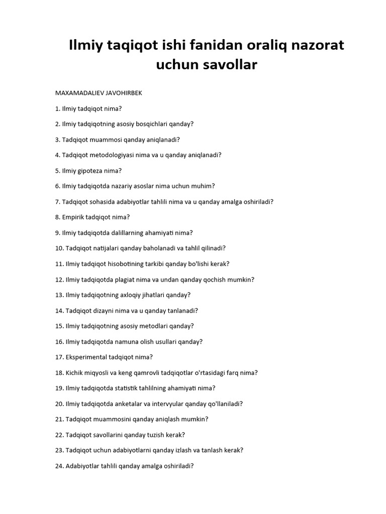 Ilmiy Taqiqot Ishi Fanidan Oraliq Nazorat Uchun Savollar | PDF