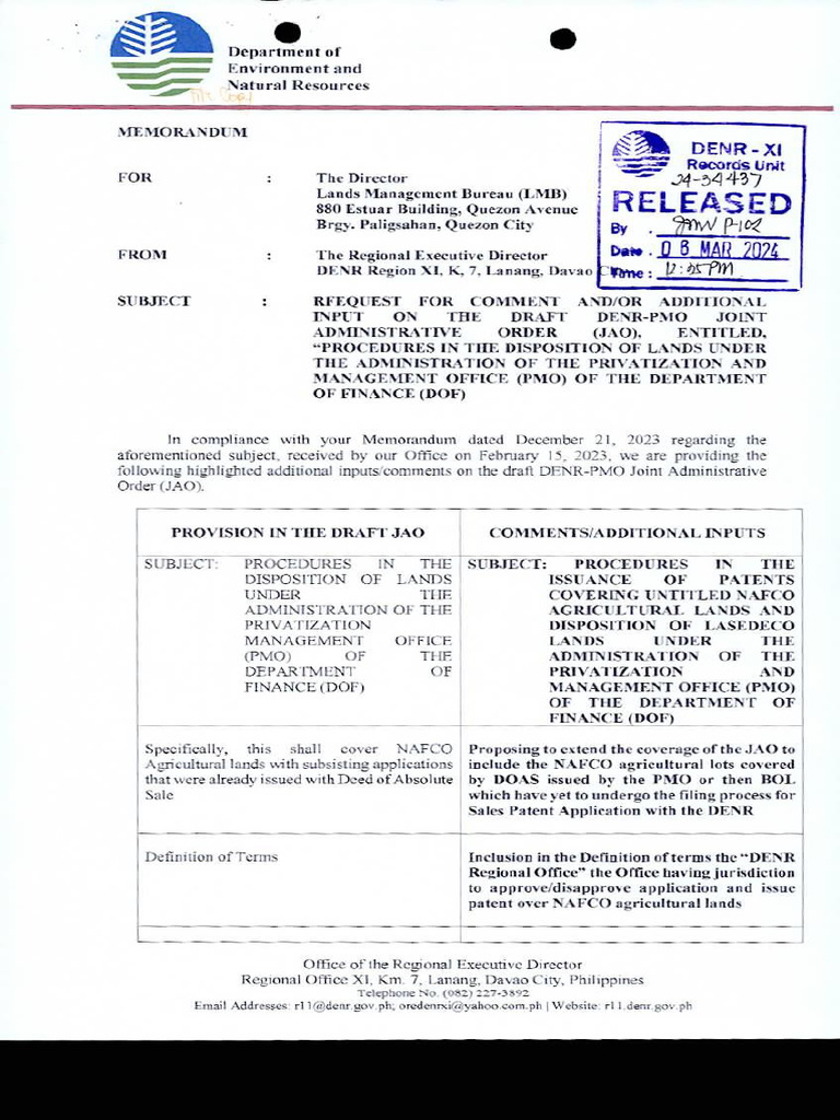 Request For Comment And-Or Additional Input On The Draft Denr-Pmo Joint ...