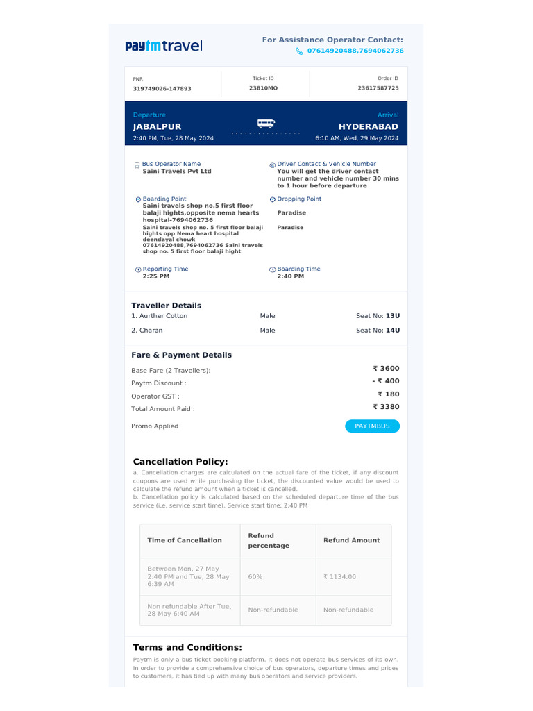 Paytm Bus eTicket | Download Free PDF | Identity Document | Bus