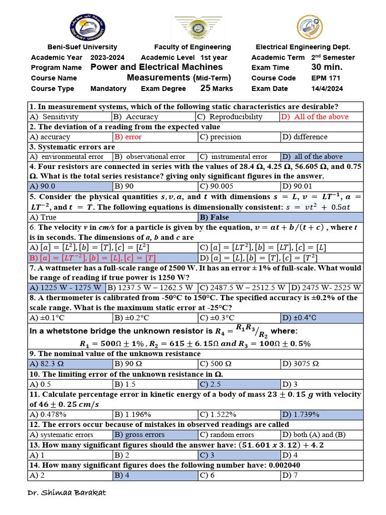 mid-term exam Measurements 2023-2024 محلول | PDF | Significant Figures | Accuracy And Precision