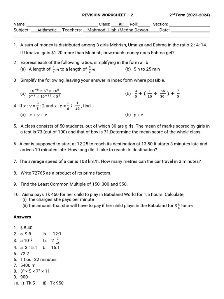 Class VII Arith Revision - 2 | PDF | Arithmetic | Mathematics