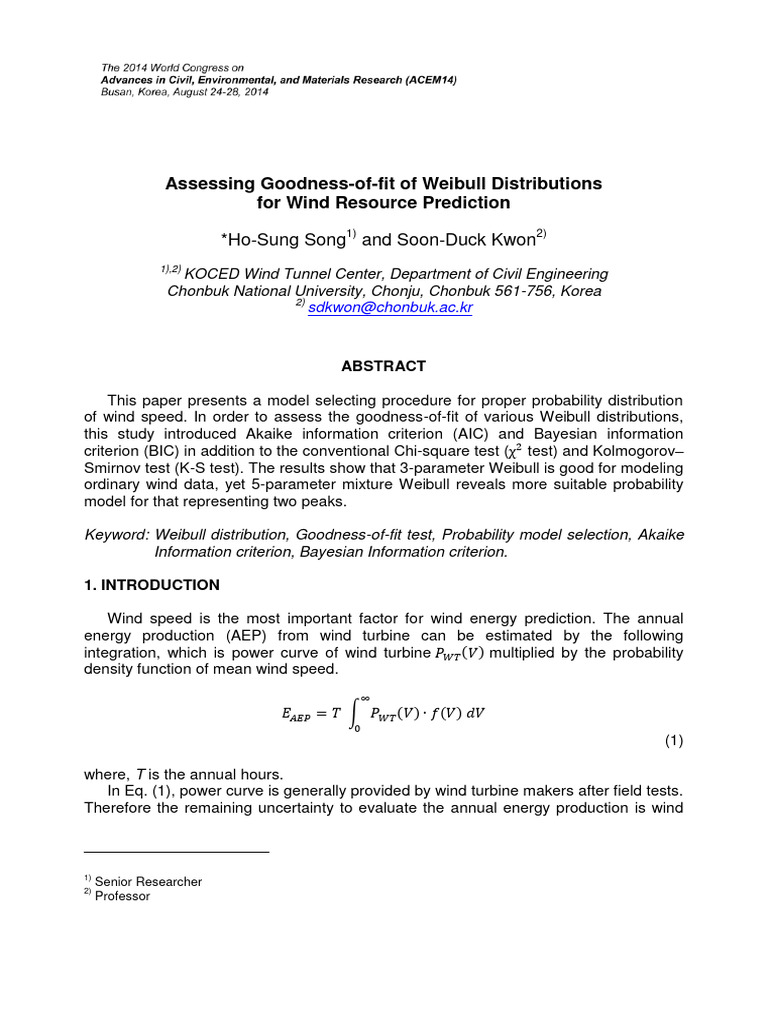 Assessing Goodness-Of-Fit of Weibull Distributions For Wind Resource Prediction | PDF | Akaike ...