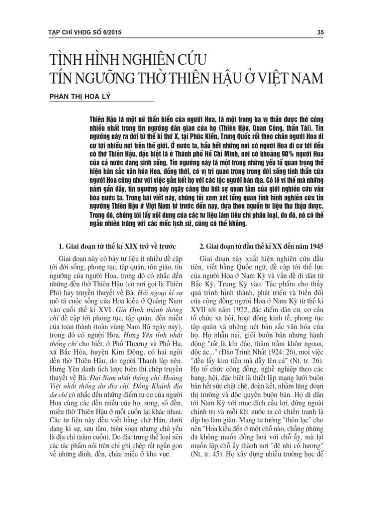Tinh Hinh Nghien Cuu Tin Nguong Tho Thien Hau Tai Viet Nam - Phan Thi Hoa LY | PDF