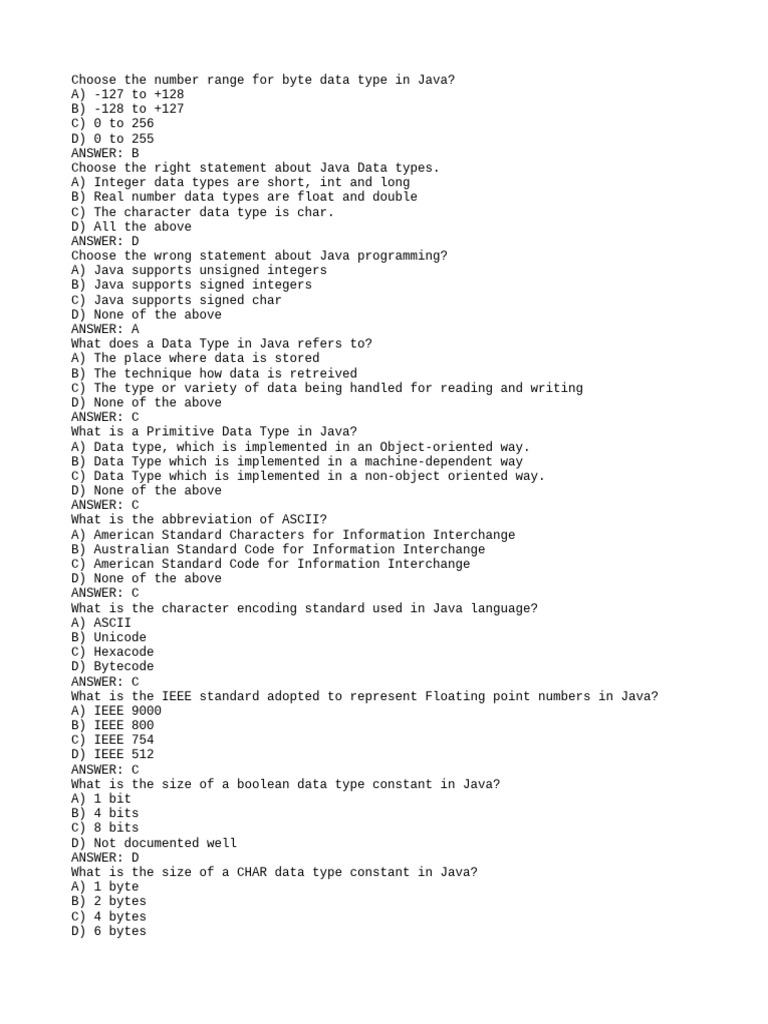 Questions-Fundamentals of Core Java-Module - 1 - Datatypes MCQ - Set 1-20240612-0138 | PDF ...
