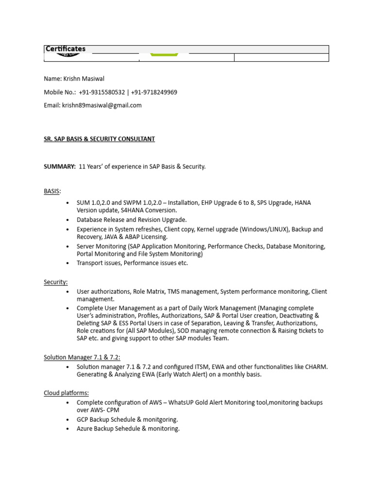 Sr. SAP Basis & Security Consultant. | PDF | Operating System | Oracle Database