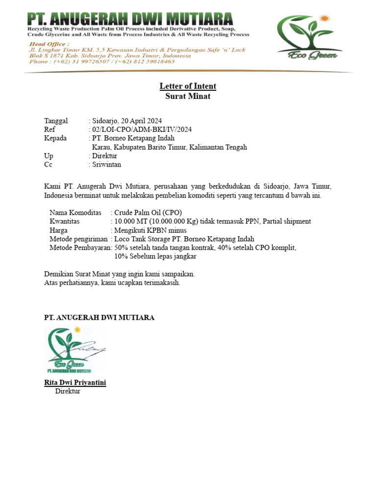 LOI CPO PT Borneo Ketapang Indah | PDF