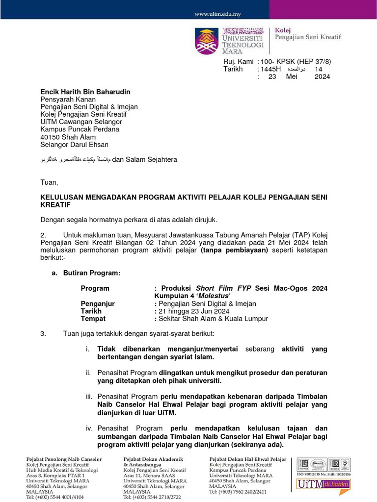 Surat Kelulusan Program Produksi Short Film FYP Sesi Mac-Ogos 2024 ...