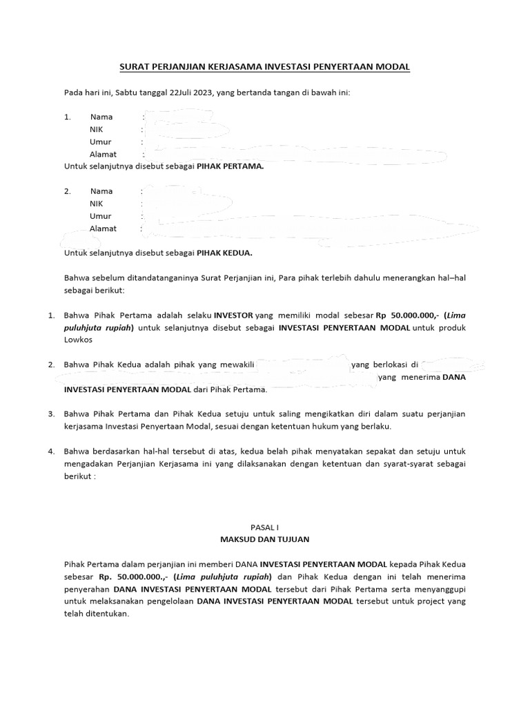 Kerjasama Investasi Lowkos 2023 | PDF
