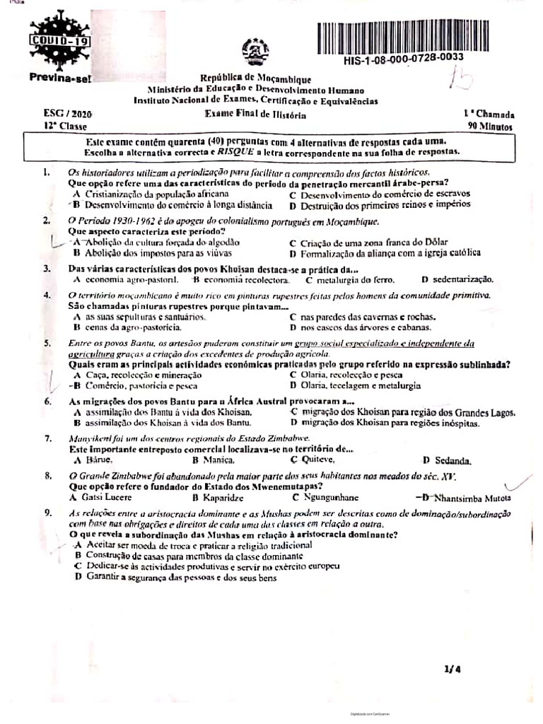 Exame de Historia 12 Classe 1 Época 2024 | PDF