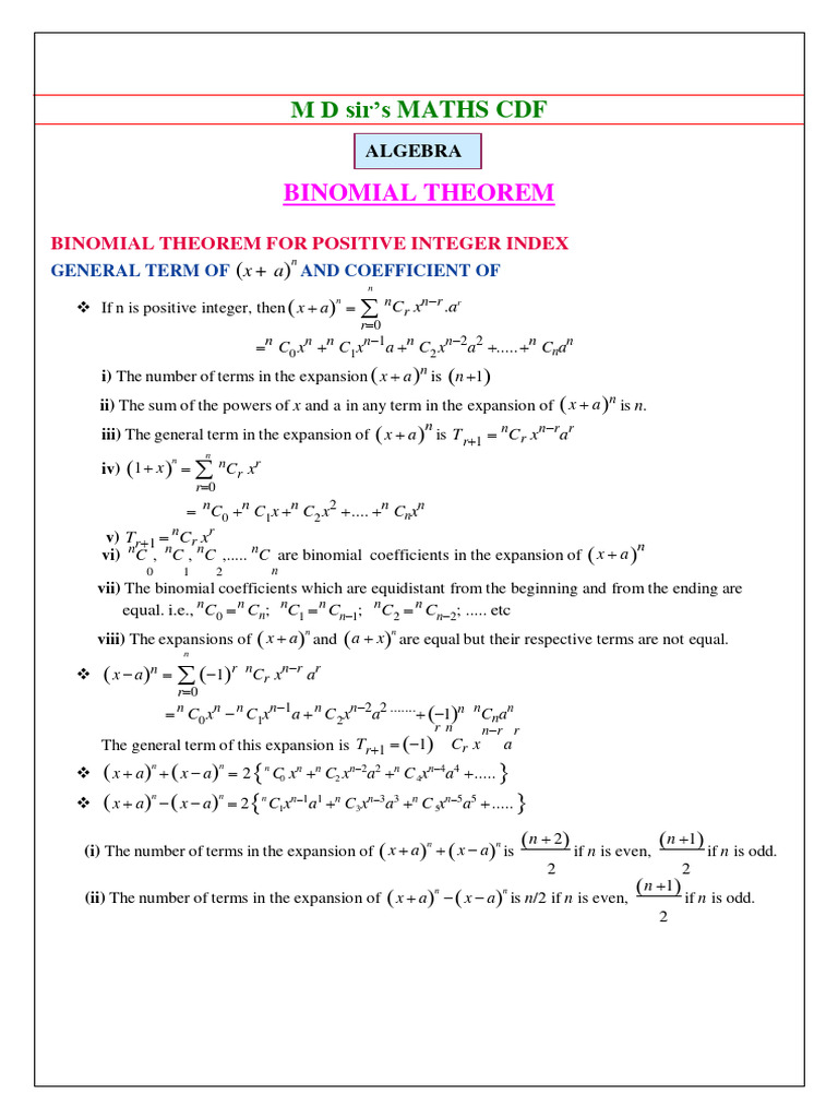 Concepts and Formulas - BINOMIAL THEOREM | PDF | Mathematics | Arithmetic