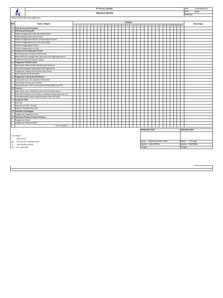 Checklist Daily K3 Proyek | PDF
