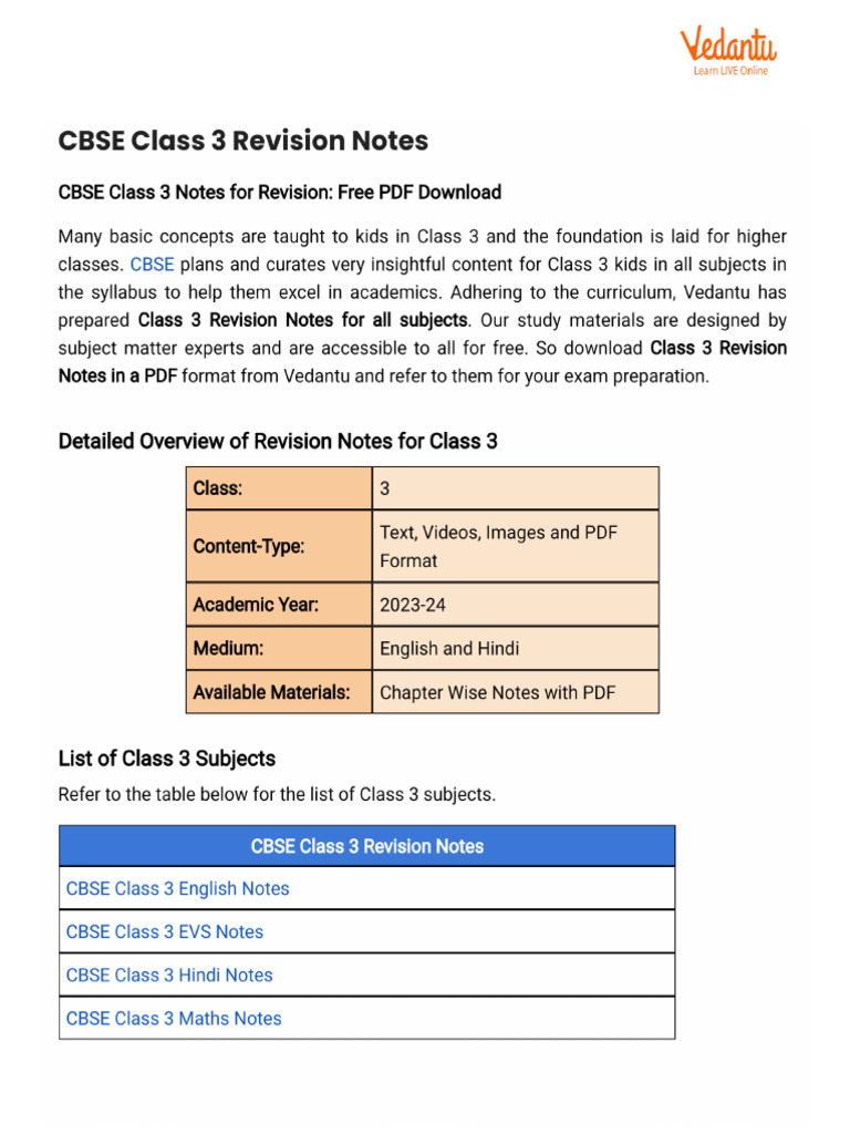 CBSE Class 3 Revision Notes | PDF