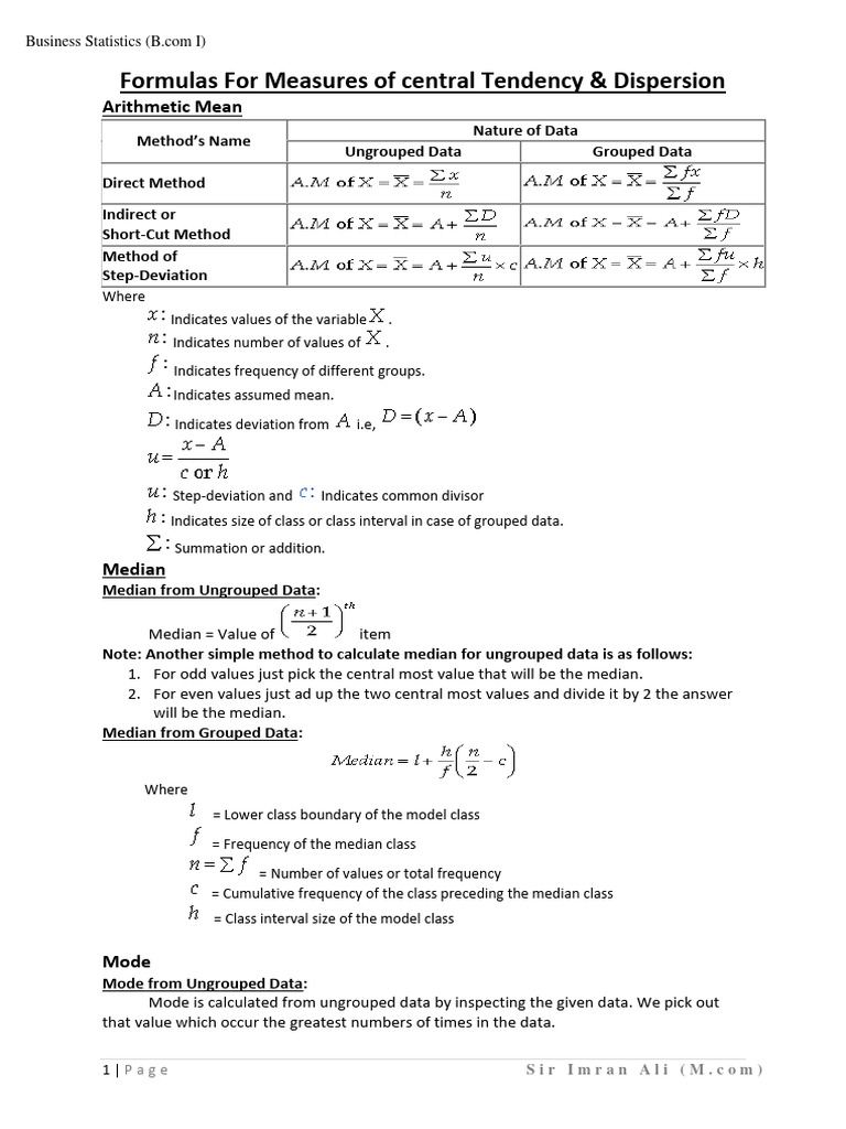 Formulas of Central Tendency Dispersion. | Download Free PDF | Mode ...