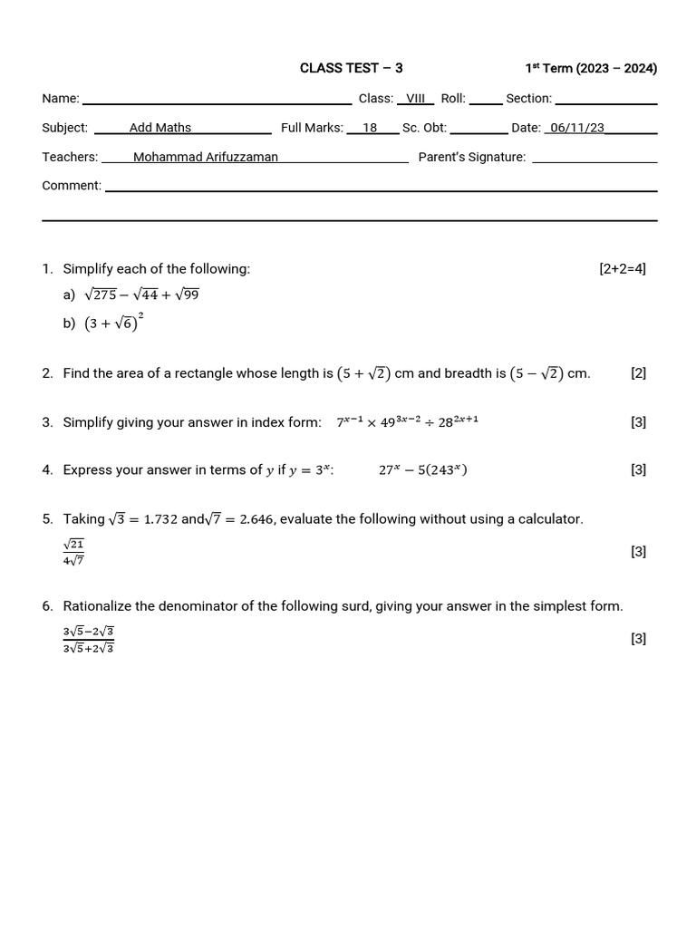 VIII-Add Maths-CT-3 | PDF