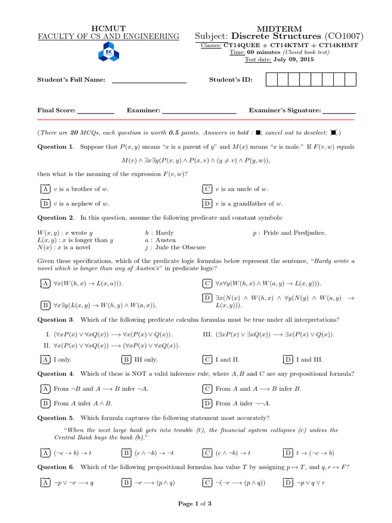 Old Midterm 1 | PDF | Syntax (Logic) | Logic