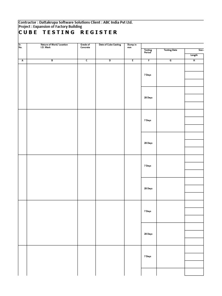 Cube Test Register Format | PDF | Building Engineering | Civil Engineering