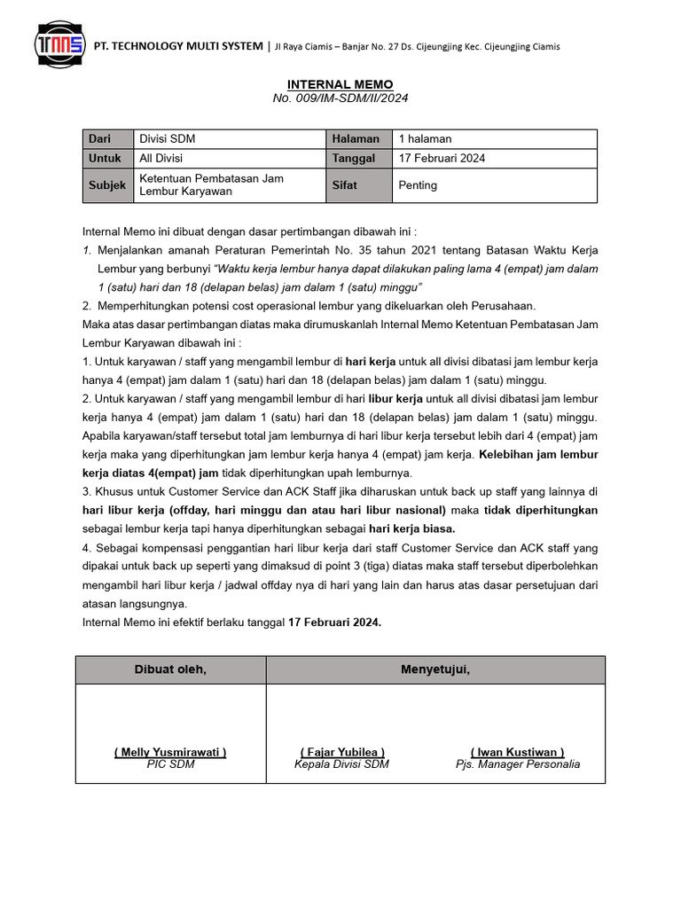 Internal Memo Ketentuan Pembatasan Jam Lembur Karyawan | PDF
