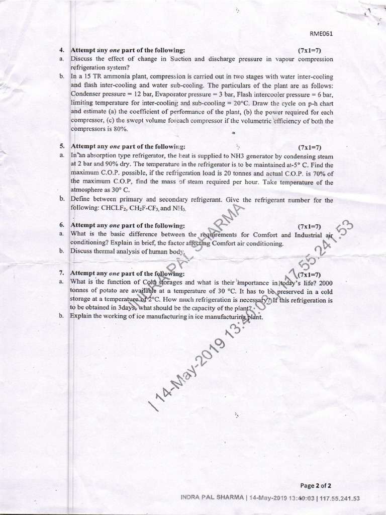 Refrigeration & Air Conditioning RME-061 UT Sol Even 18-19 | PDF