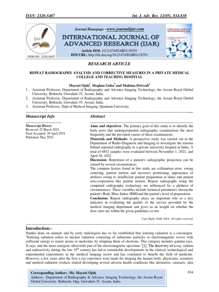 Repeat Radiography Analysis and Corrective Measures in A Private ...